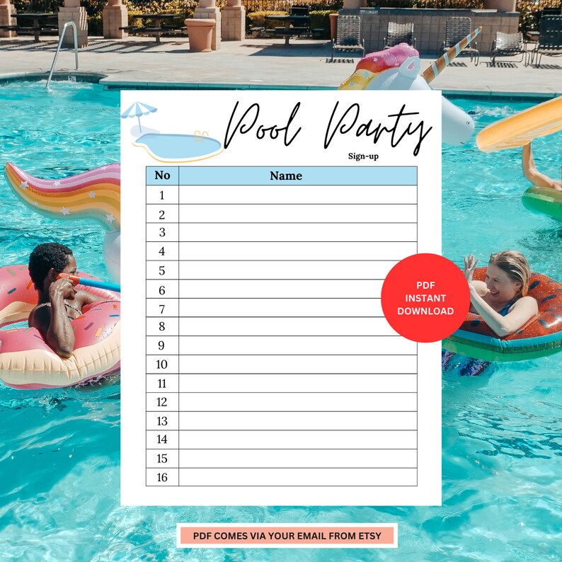 Pool Party Sign up Sheet | Summer Party Sheet | Printable Pool Party up ...
