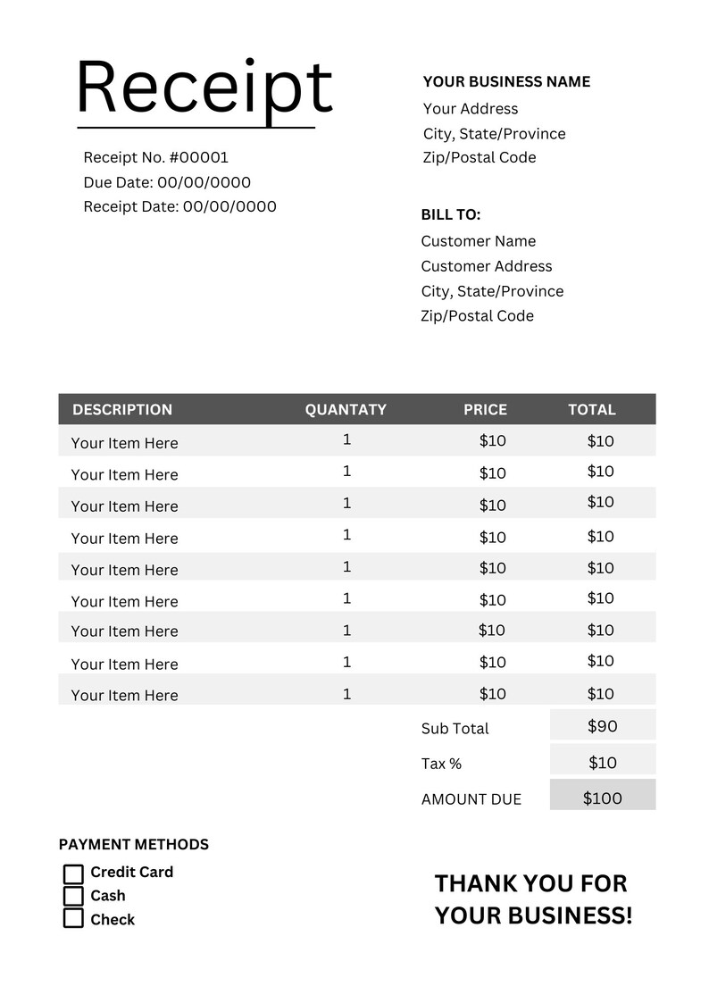 Receipt Template Editable Receipt Template Receipt - Etsy