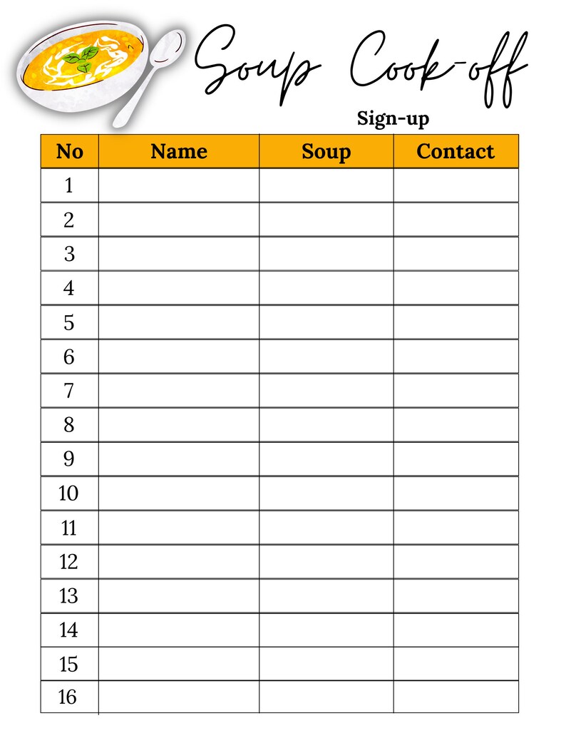 Soup Cook-off Sign up Sheet | Soup Cook off Sheet | Soup Cookoff | Soup ...