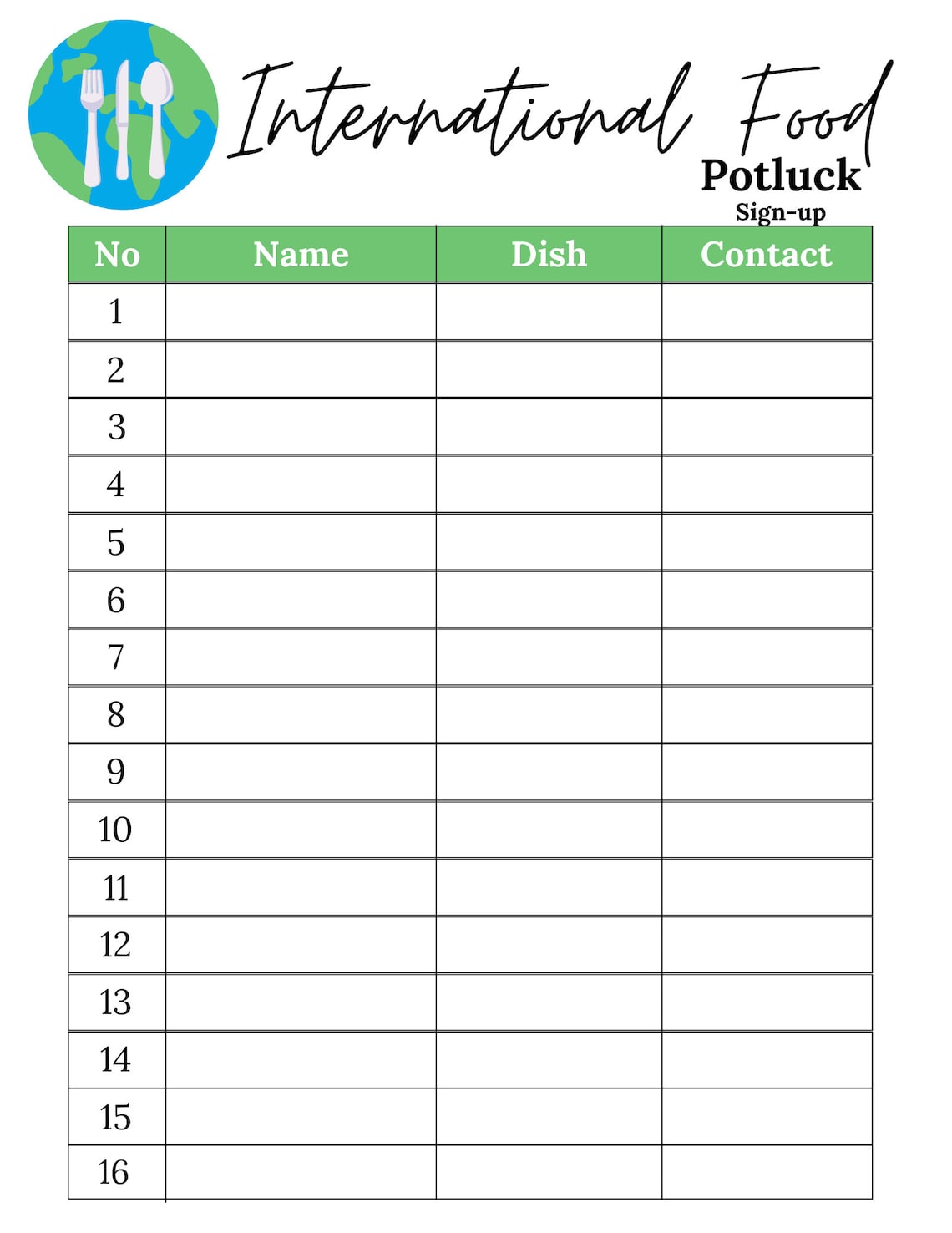 Potluck Sign up Sheet International Food Potluck Sign up Sheet World ...