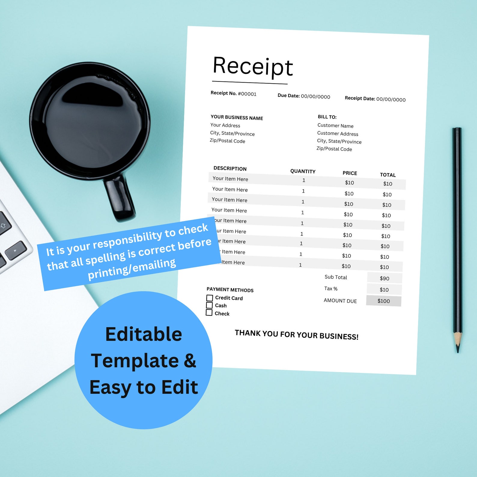 Receipt Template | Editable Receipt Template | Receipt Template for ...