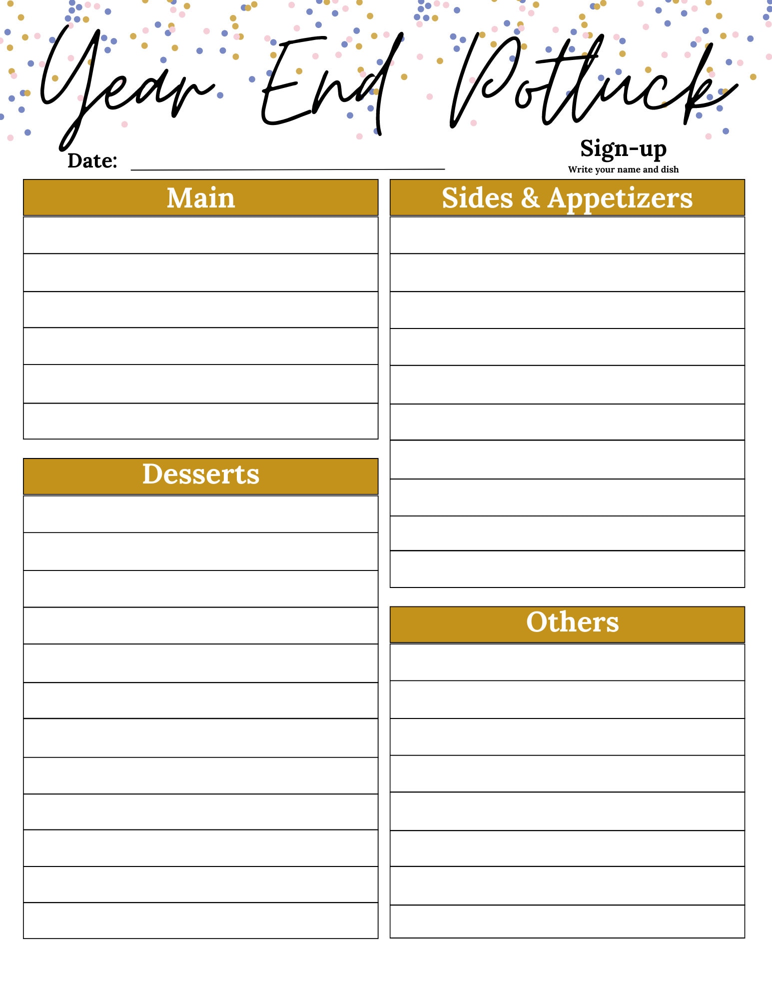 Year End Potluck Sign up Sheet | Work Potluck Sheet | Potluck Sign up ...