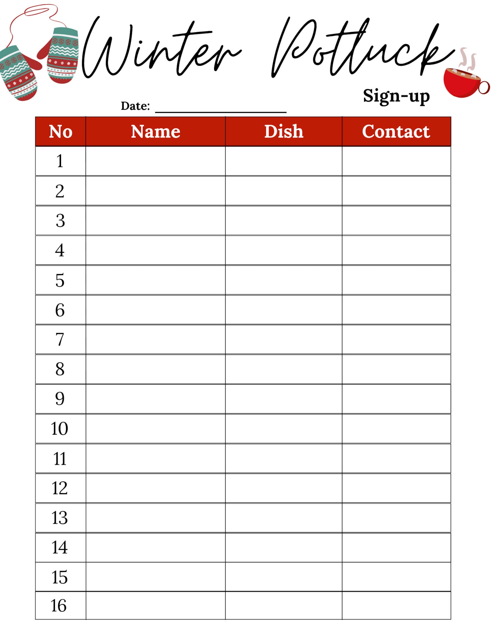 Potluck Sign up Sheet | Winter Potluck Sign up Sheet | Christmas ...