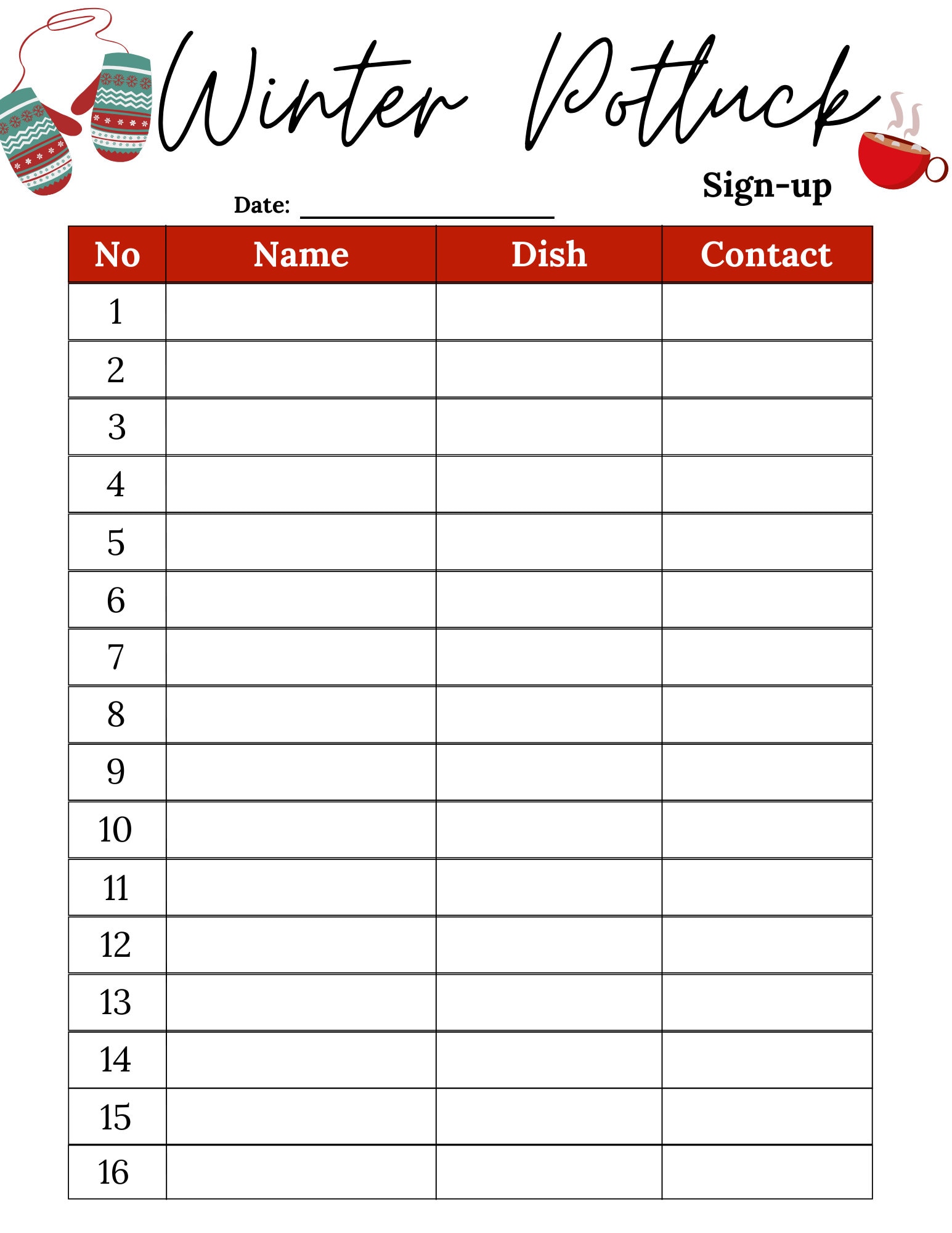Potluck Sign up Sheet | Winter Potluck Sign up Sheet | Christmas ...