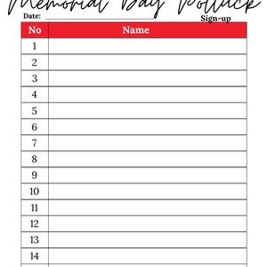 Memorial Day Potluck Sign up Sheet | Holiday Potluck Sheet | Potluck ...
