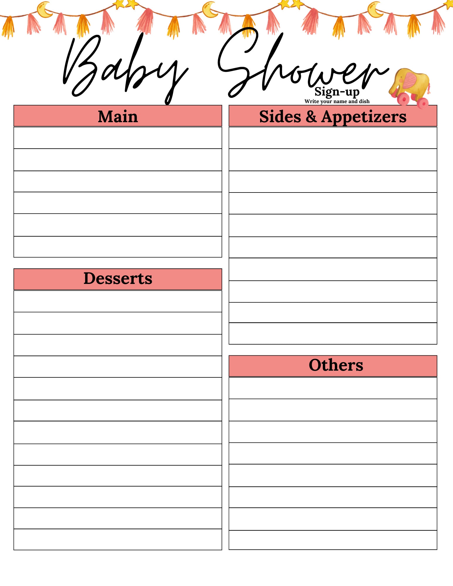 Potluck Sign up Sheet |baby Shower Potluck Sign up Sheet | Girl Baby ...
