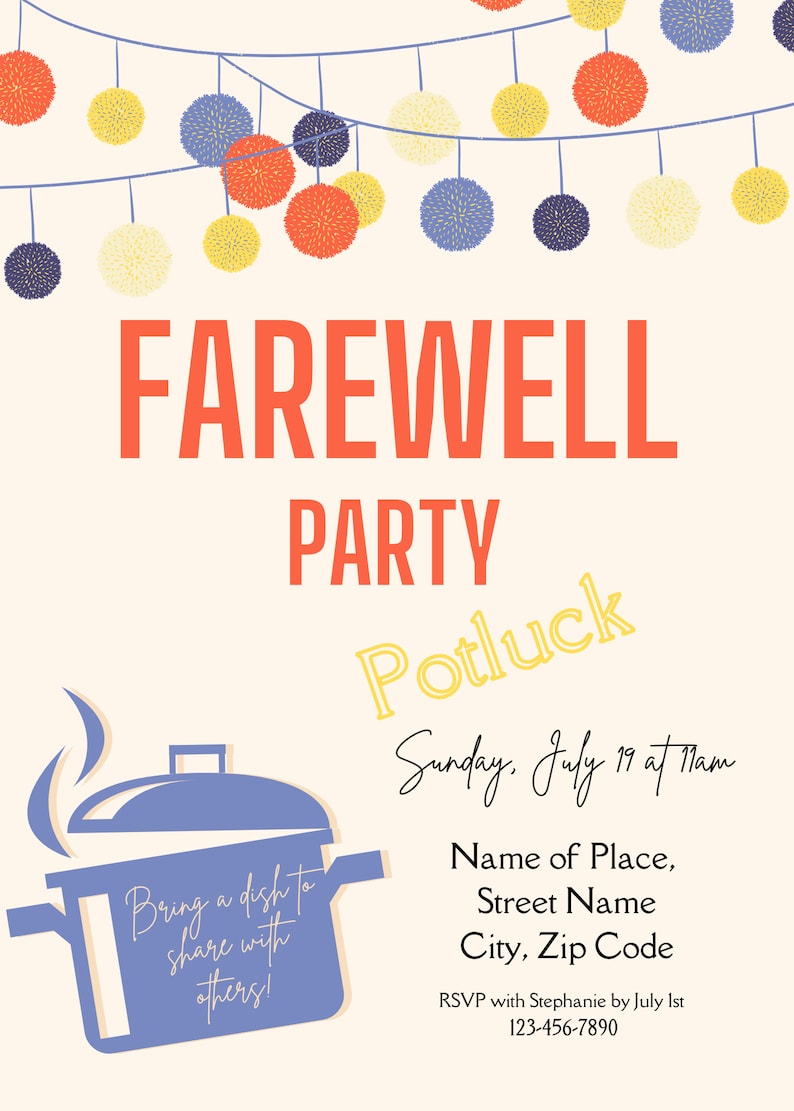 Farewell Potluck Invite Template | Editable Potluck Invitation ...