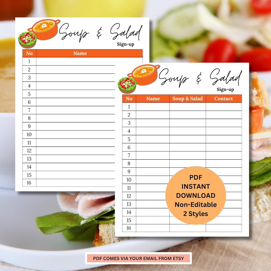 Soup & Salad Potluck Sign up Sheet | Soup and Salad Potluck Sheet ...