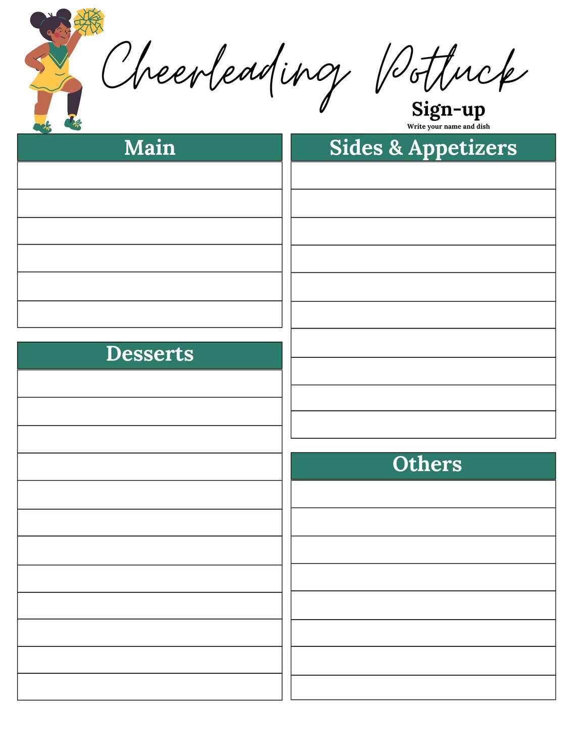 Potluck Sign up Sheet Cheerleading Poluck Sign up Sheet Sports Potluck ...