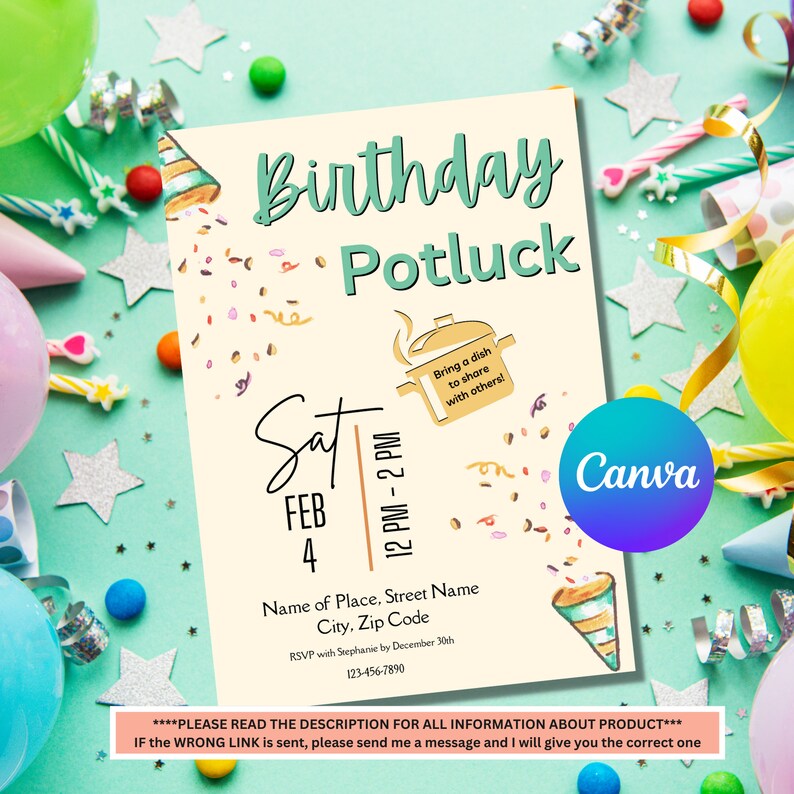 Birthday Potluck Invitation Template | Birthday Party Potluck Invite | Birthday Potluck ...