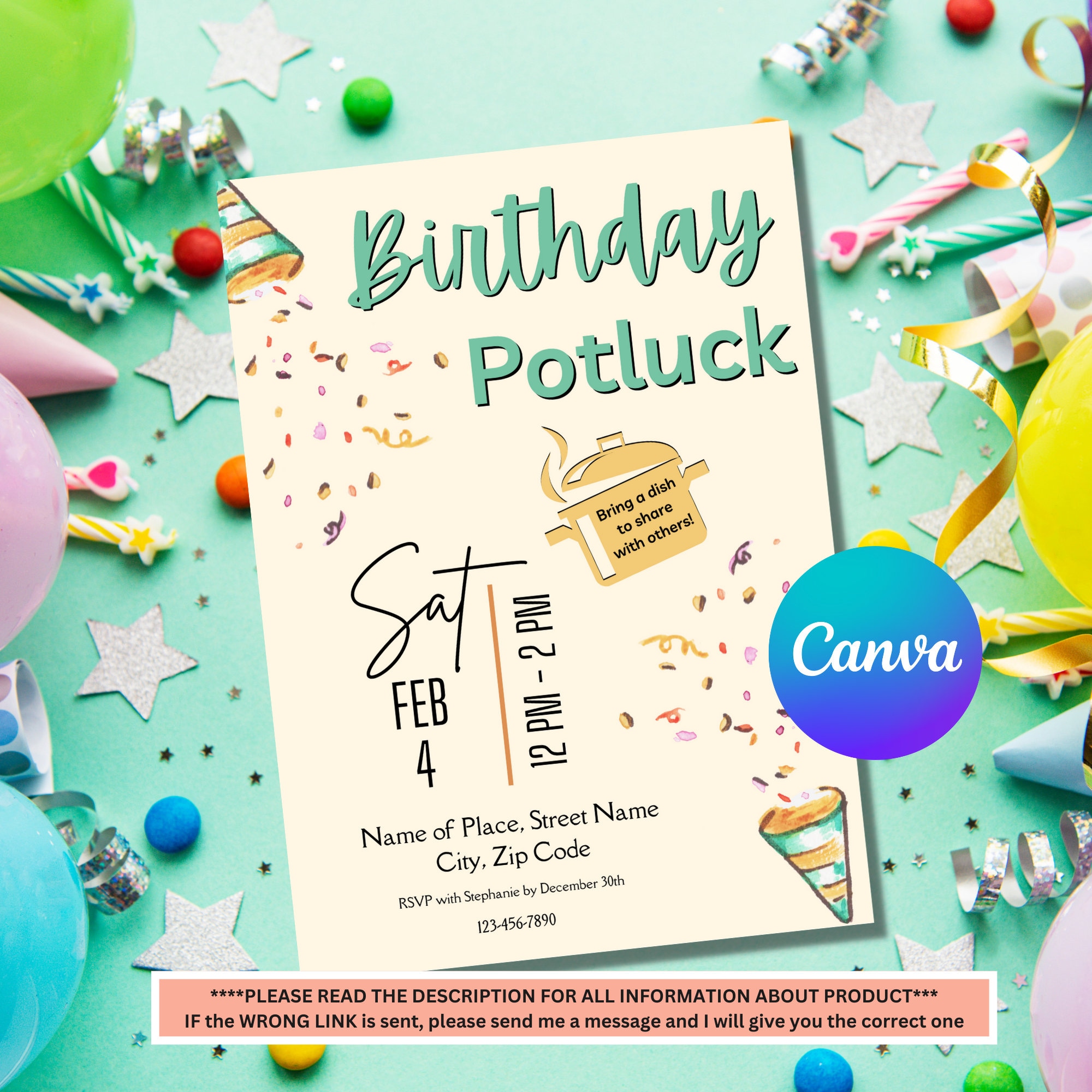 Birthday Potluck Invitation Template | Birthday Party Potluck Invite | Birthday Potluck ...