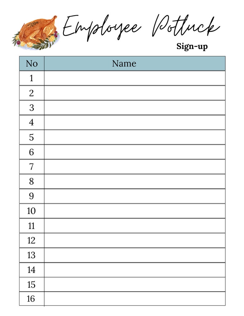 Potluck Sign up Sheet Employee Potluck Sign up Sheet - Etsy