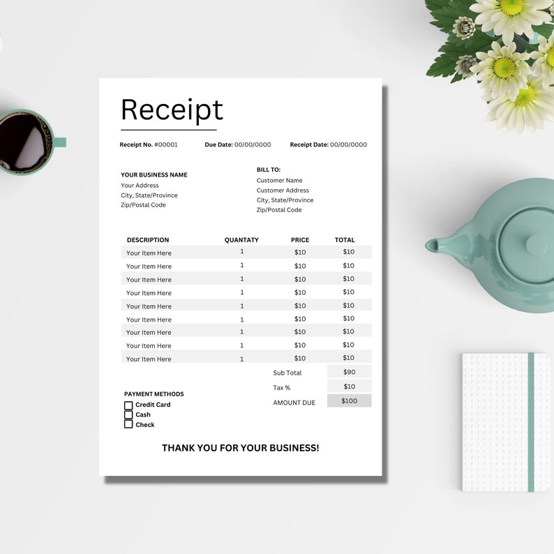Receipt Template Editable Receipt Template Receipt - Etsy