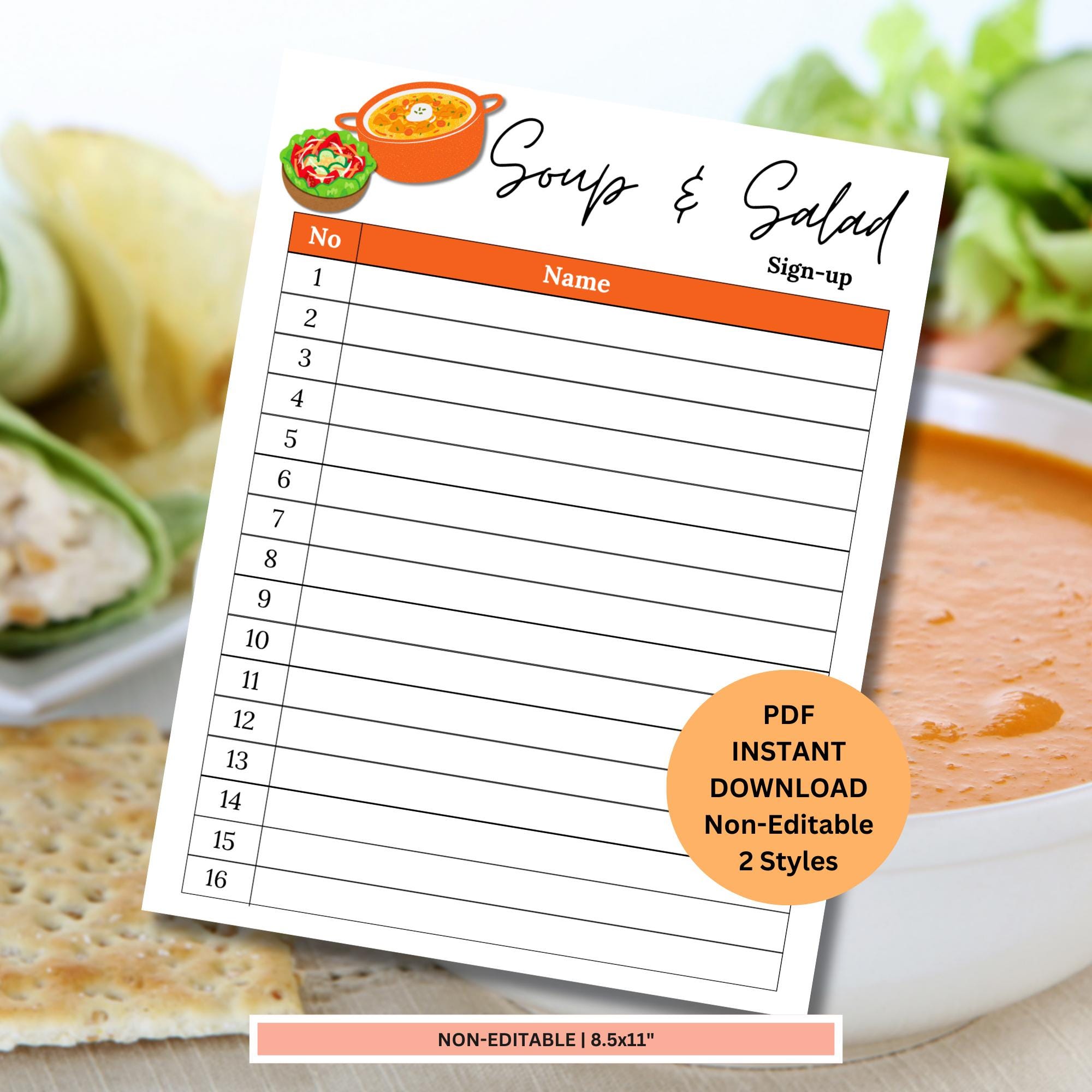 Soup & Salad Potluck Sign up Sheet | Soup and Salad Potluck Sheet ...
