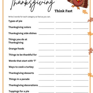 Think Fast Thanksgiving Game | Thanksgiving Printable Games ...