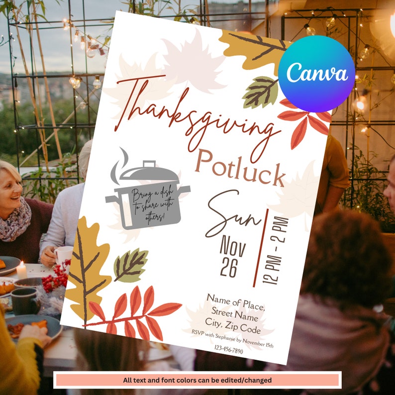Thanksgiving Potluck Invite Template | Editable Potluck Invitation ...