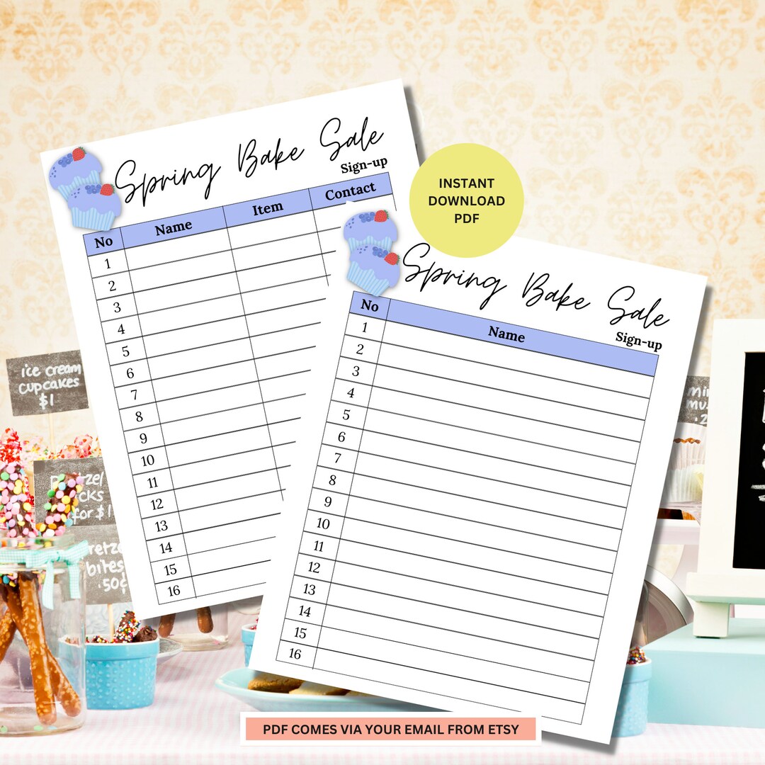 Spring Bake Sale Sign up Sheet | Bake Sale Sheet | Printable Bake Sale ...