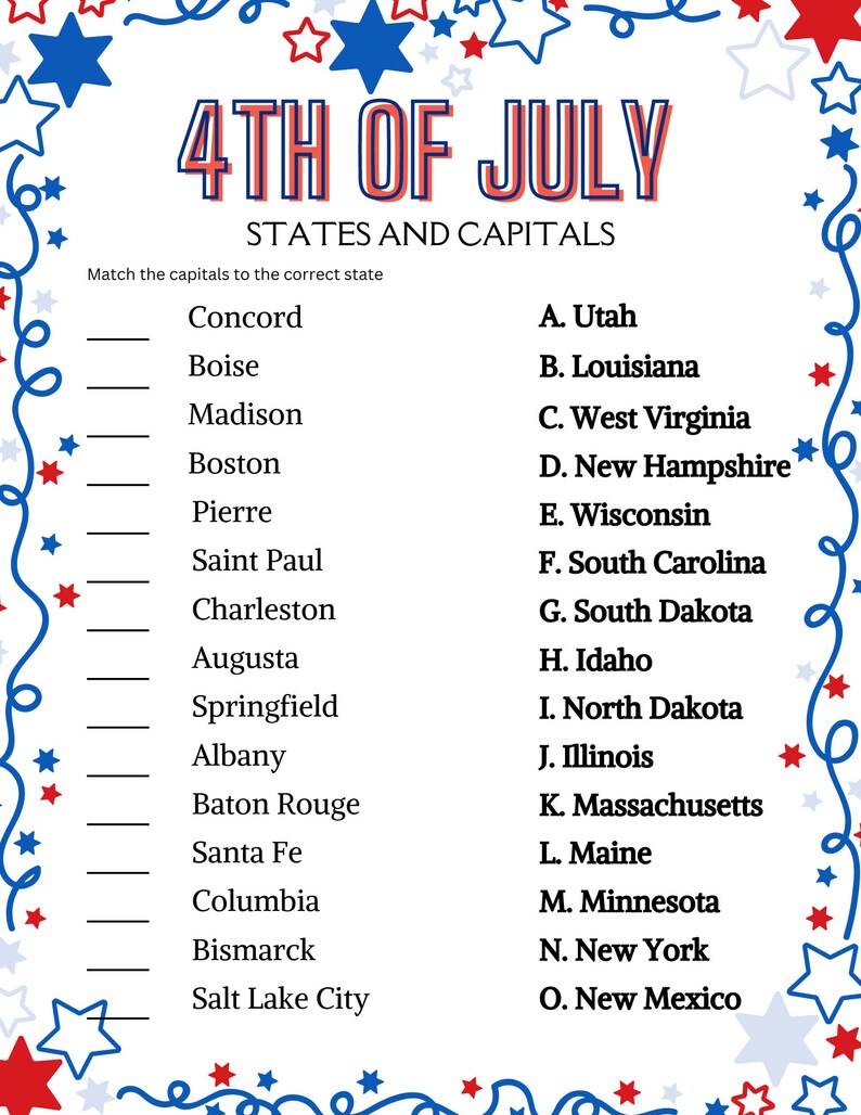 States and Capitals 4th of July Game | Independence Day Printable Games ...