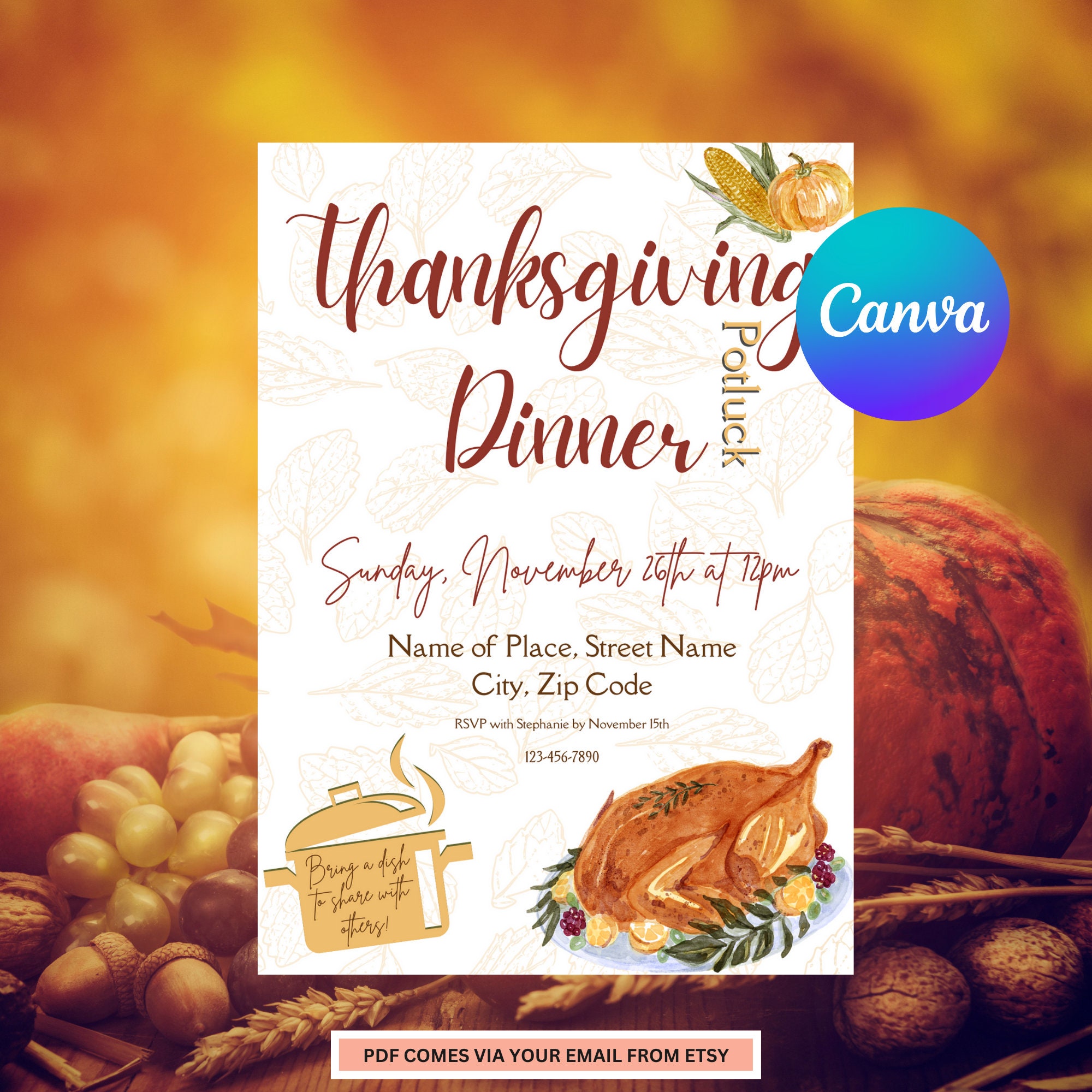Thanksgiving Dinner Potluck Invite Template | Editable Potluck ...