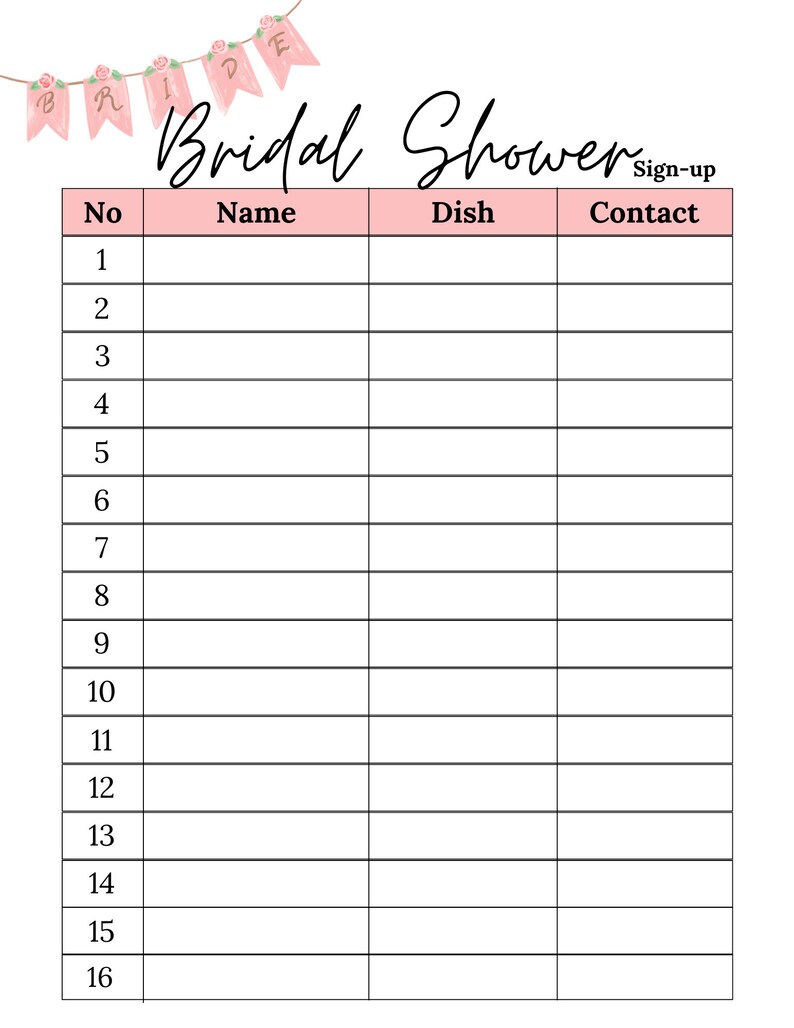 Potluck Sign up Sheet | Bridal Shower Potluck Sign up Sheet | Bridal ...