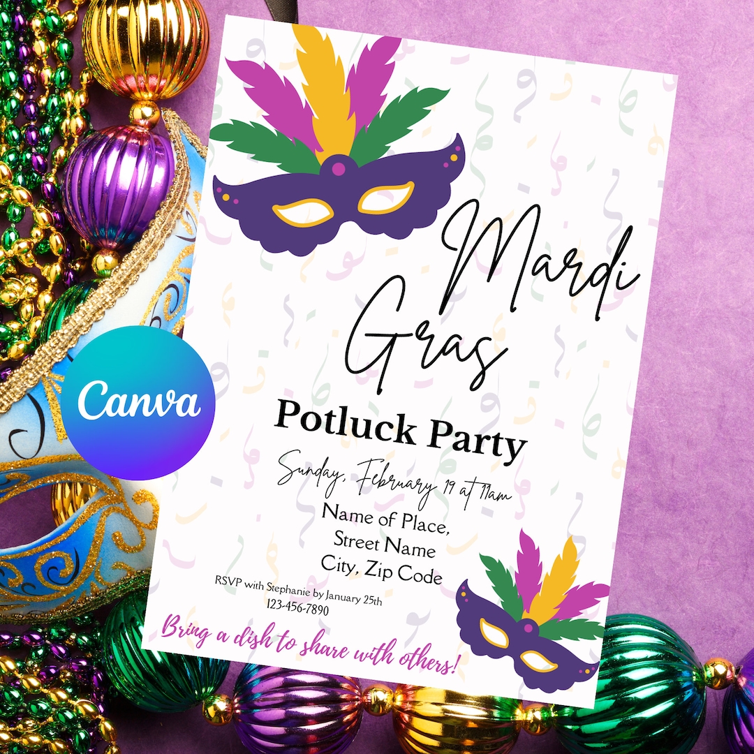 Mardi Gras Potluck Invitation Template Mardi Gras Party Potluck Invite ...