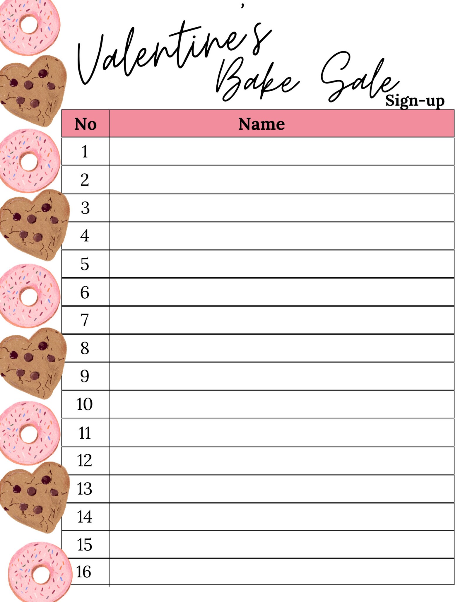 Valentine's Bake Sale Sign up Sheet | Valentines Bake Sale Sheet ...