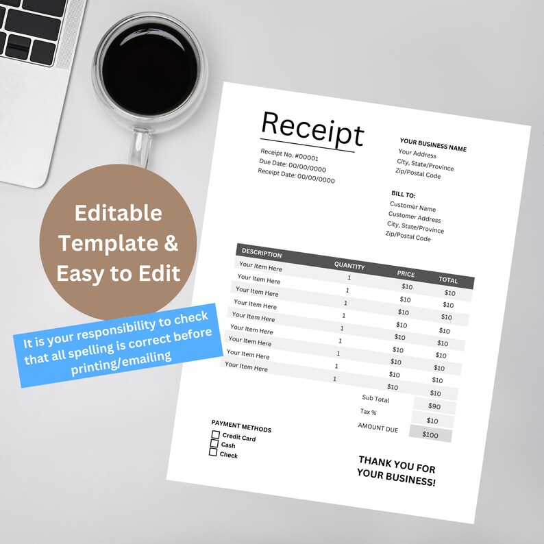 Receipt Template Editable Receipt Template Receipt Template for Small ...
