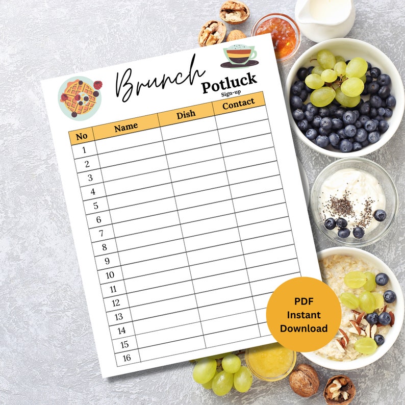 Potluck Sign up Sheet | Brunch Potluck Sign up Sheet | Brunch Potluck ...