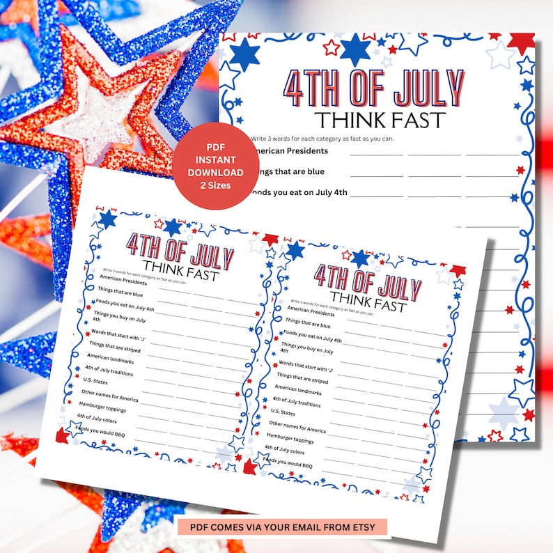 Think Fast 4th of July Game | Independence Day Printable Games | July ...
