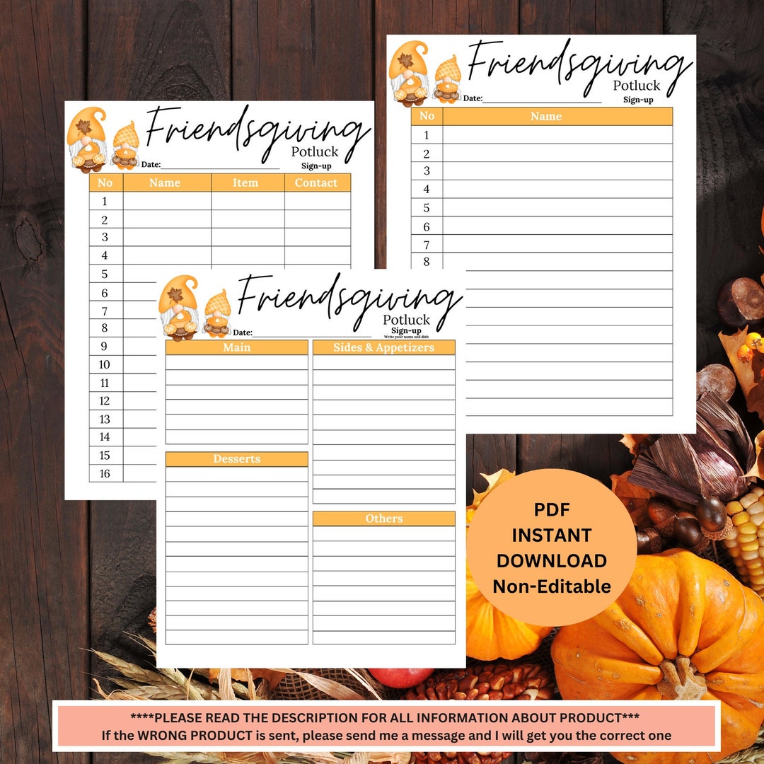 Potluck Sign up Sheet | Friendsgiving Day Potluck Sign up Sheet ...