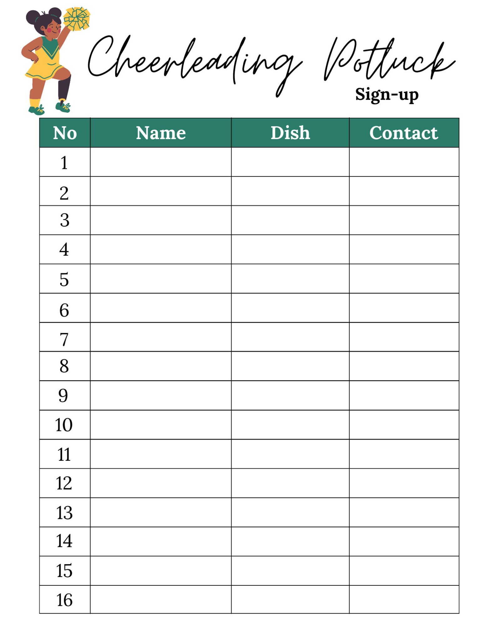 Potluck Sign up Sheet Cheerleading Poluck Sign up Sheet Sports Potluck ...