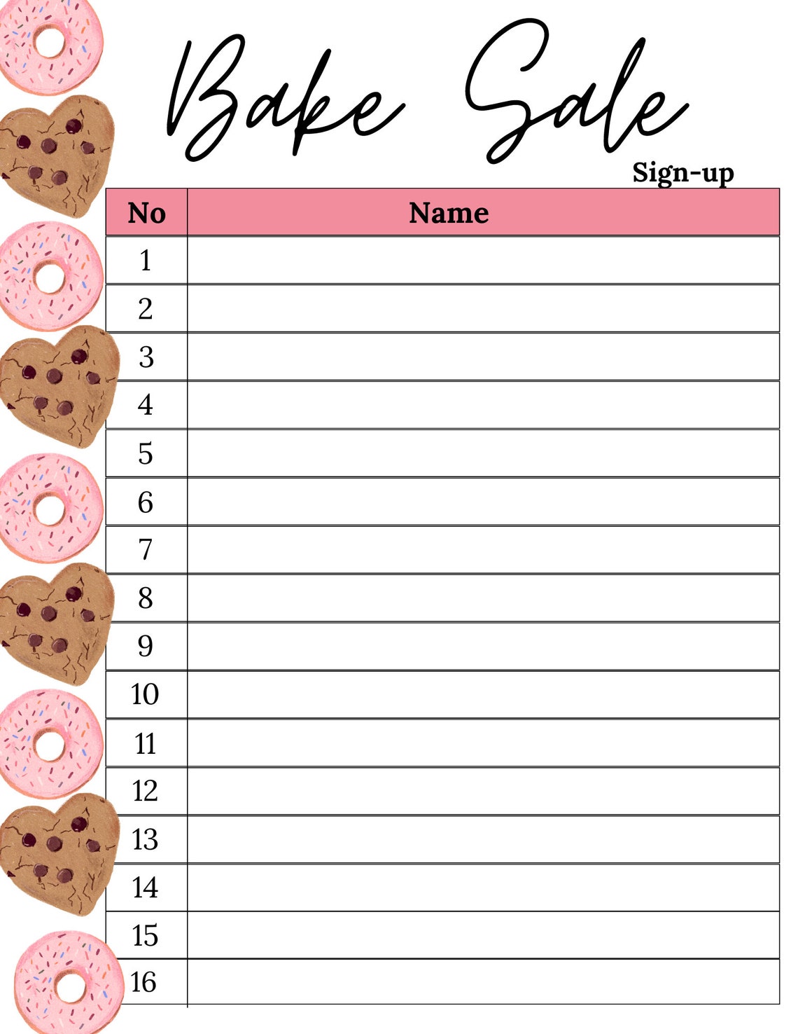 Bake Sale Sign up Sheet | Bake Sale Sheet | Printable Bake Sale Sign up ...