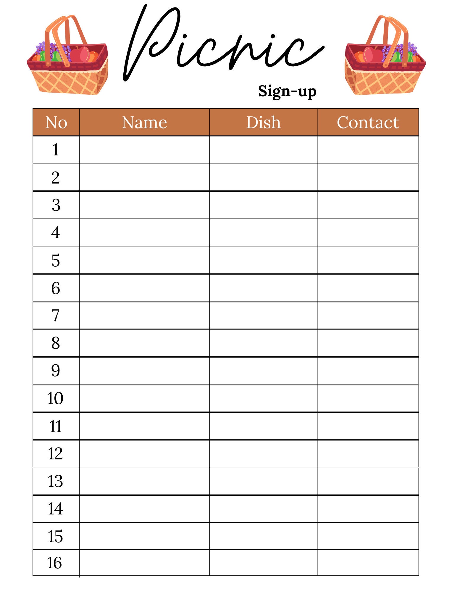 Potluck Sign up Sheet Picnic Potluck Sign up Sheet Picnic Potluck Sheet ...