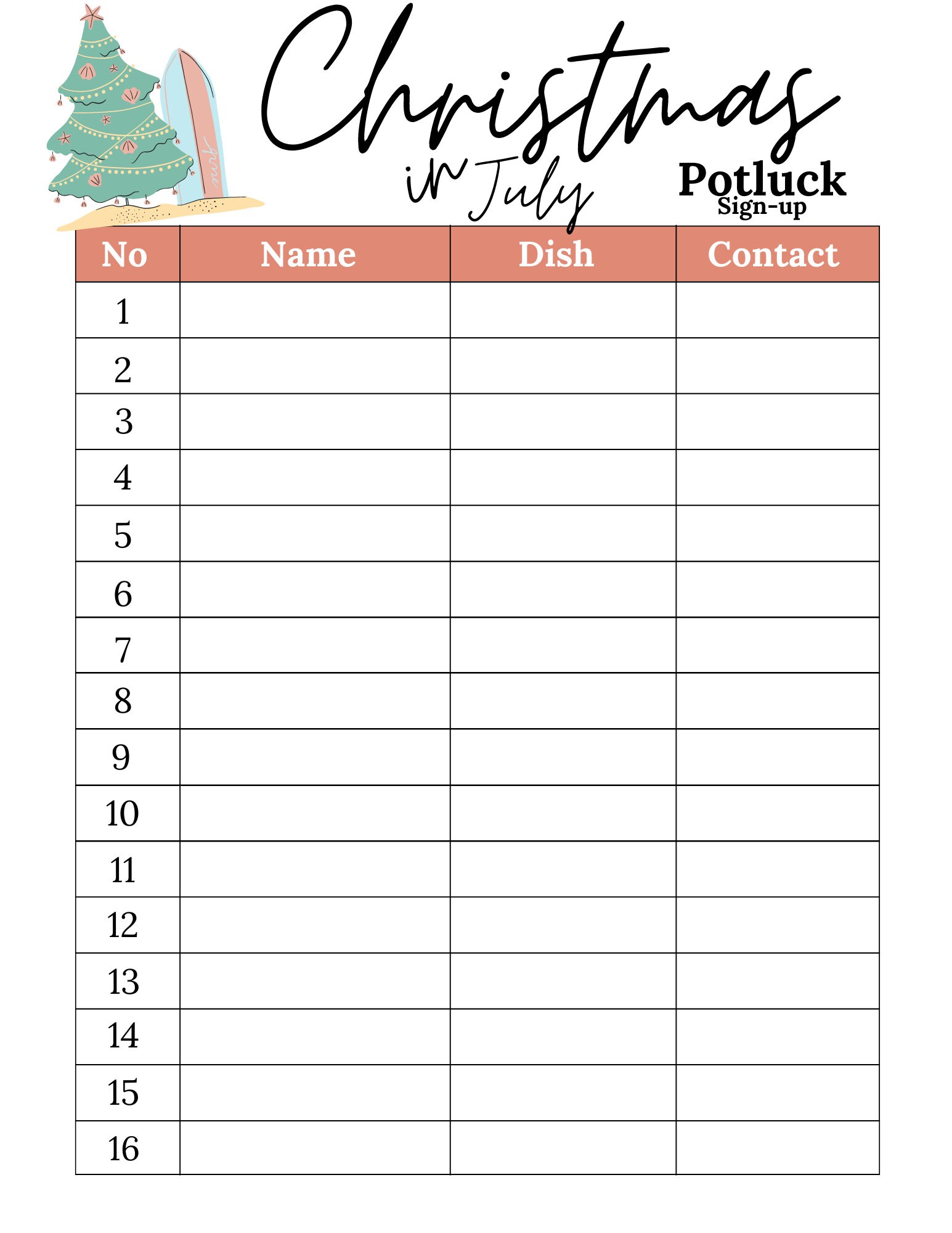 Potluck Sign up Sheet Christmas in July Potluck Sign up Sheet Christmas ...