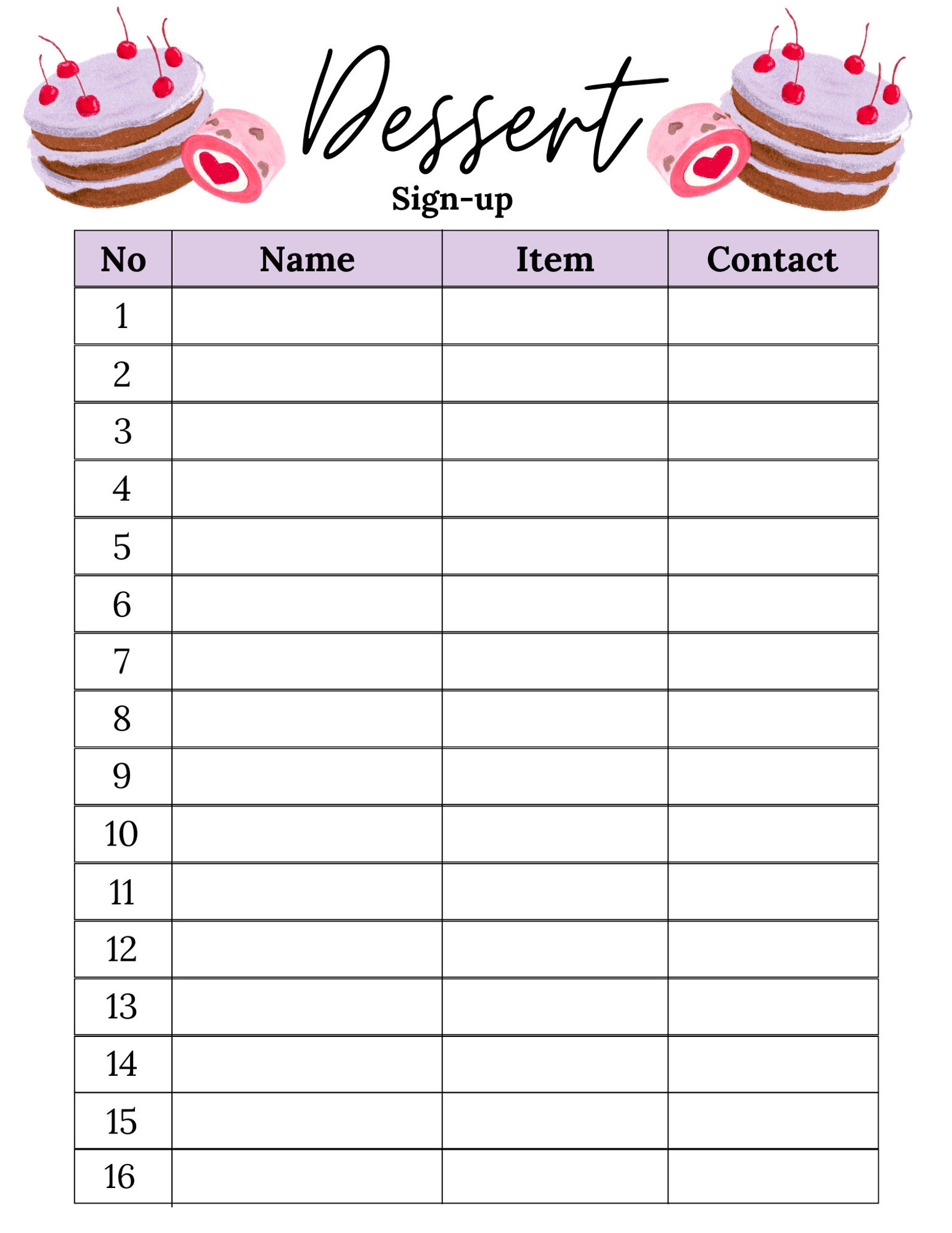 Dessert Sign up Sheet | Dessert Sheet | Printable Dessert Sign up Sheet ...
