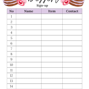 Dessert Sign up Sheet | Dessert Sheet | Printable Dessert Sign up Sheet ...