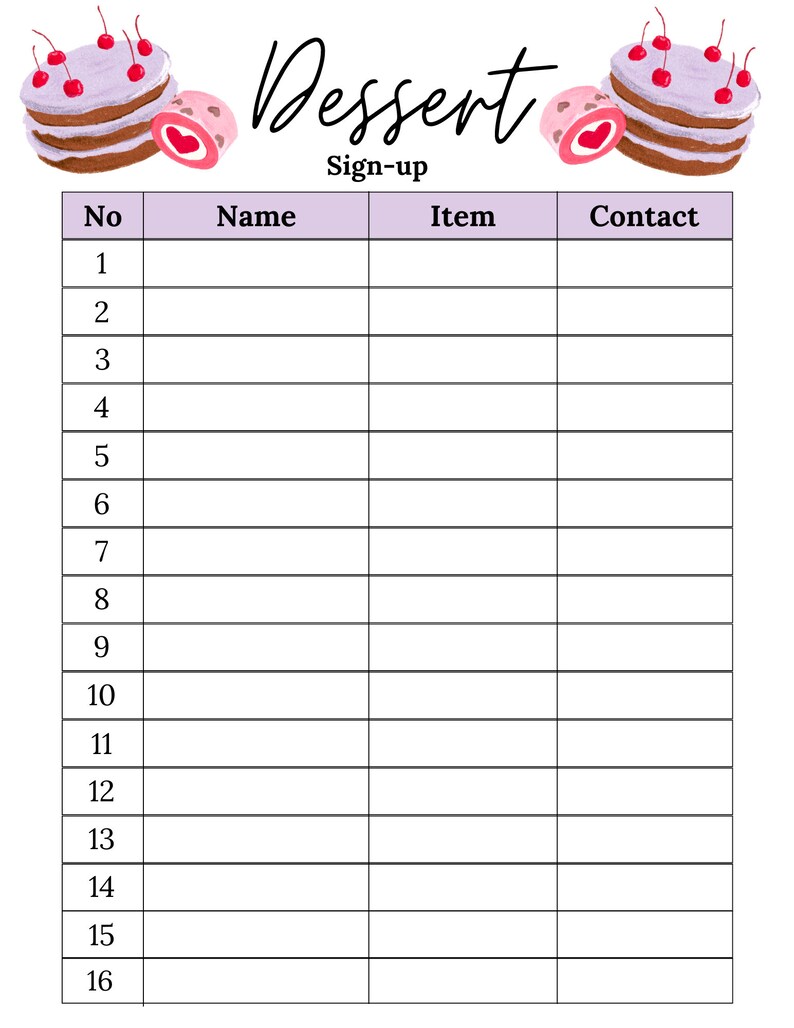Dessert Sign up Sheet | Dessert Sheet | Printable Dessert Sign up Sheet ...