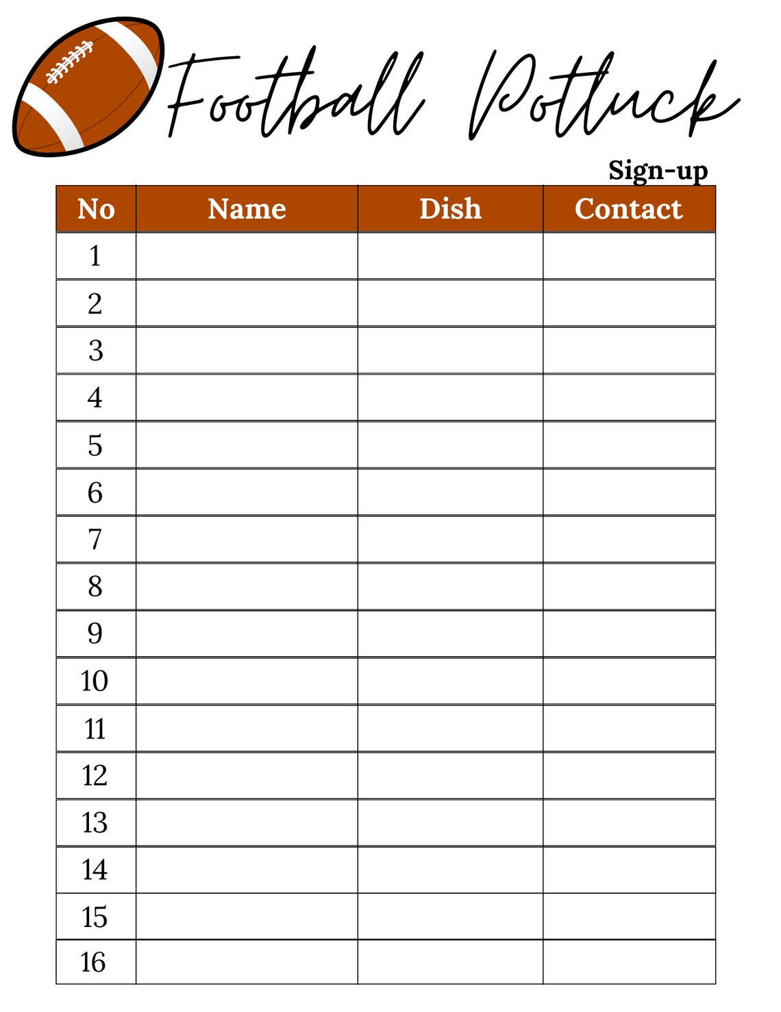 Football Potluck Sign up Sheet Football Potluck Sheet Football Sheet ...