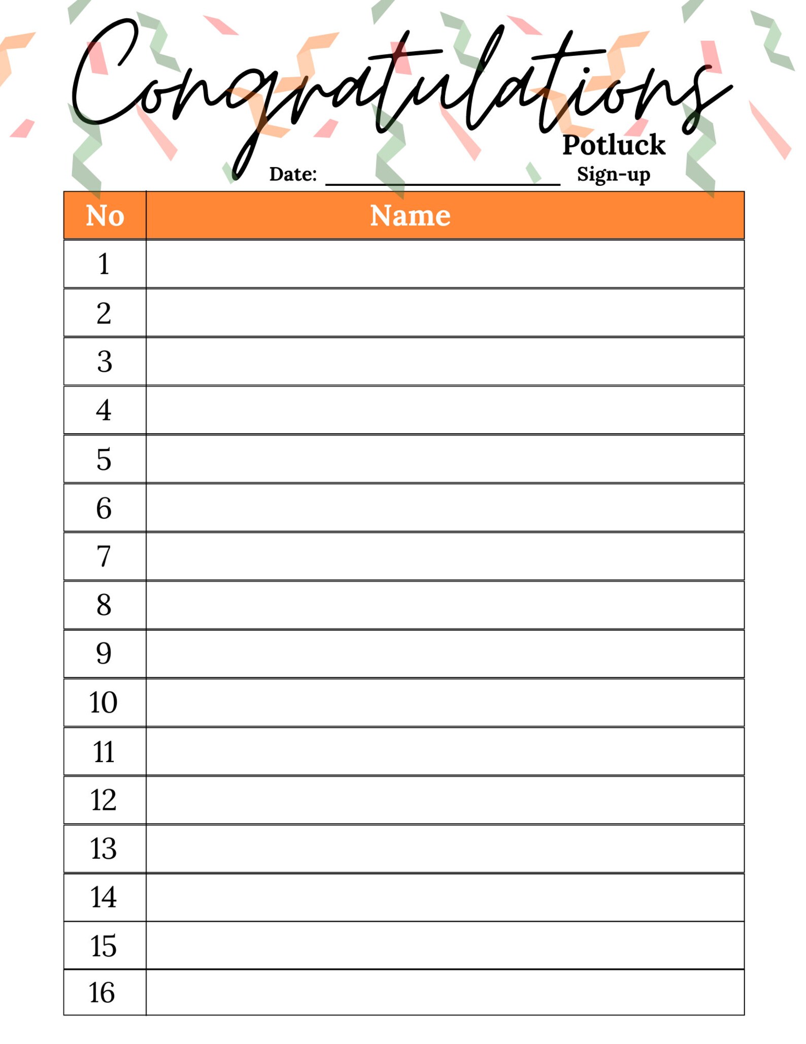 Congratulations Potluck Sign up Sheet | Wedding Potluck Sign up Sheet ...