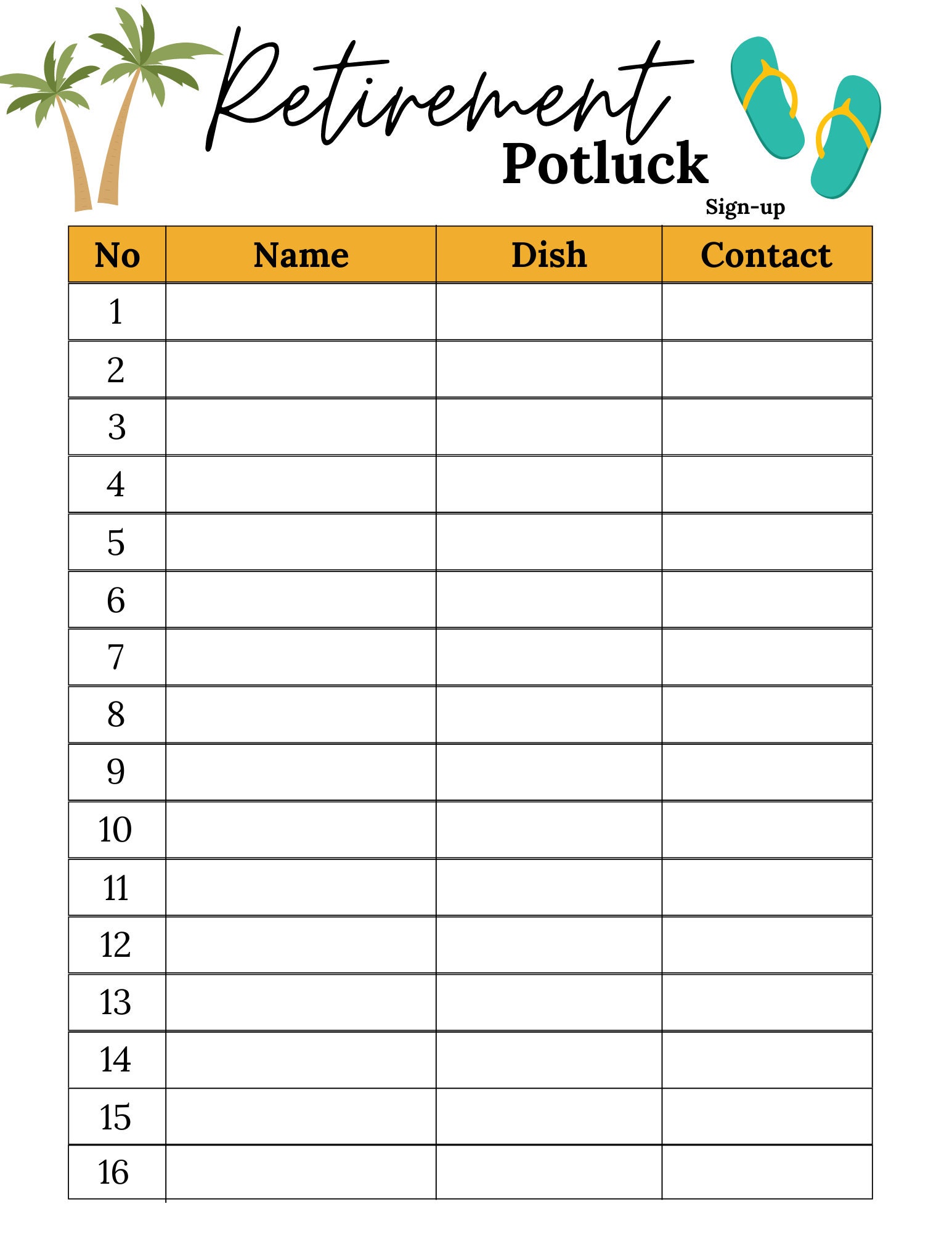 Retirement Potluck Sign Up Sheet Flyer For Retirement Party Printable