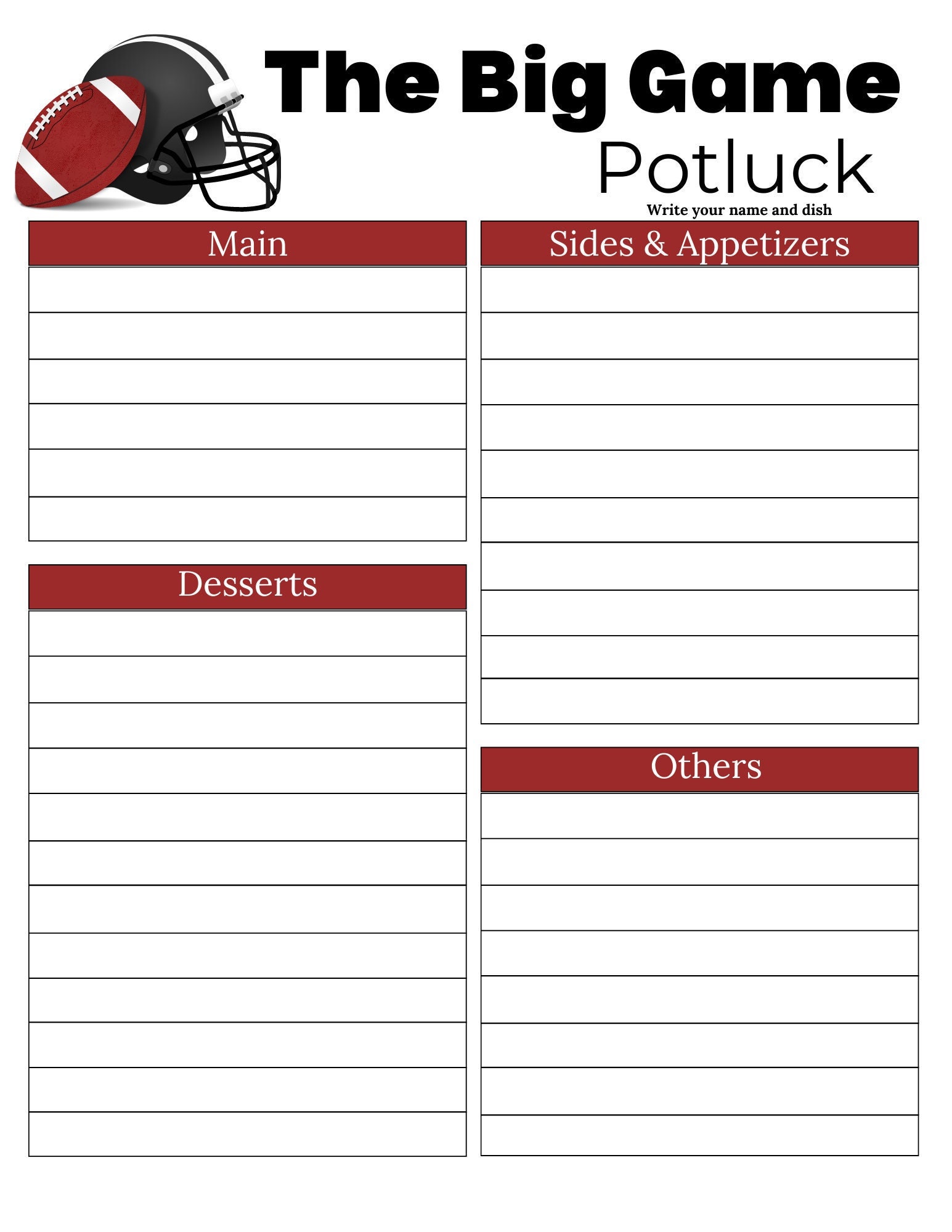 Potluck Sign up Sheet | the Big Game Potluck Sign up Sheet | Football ...
