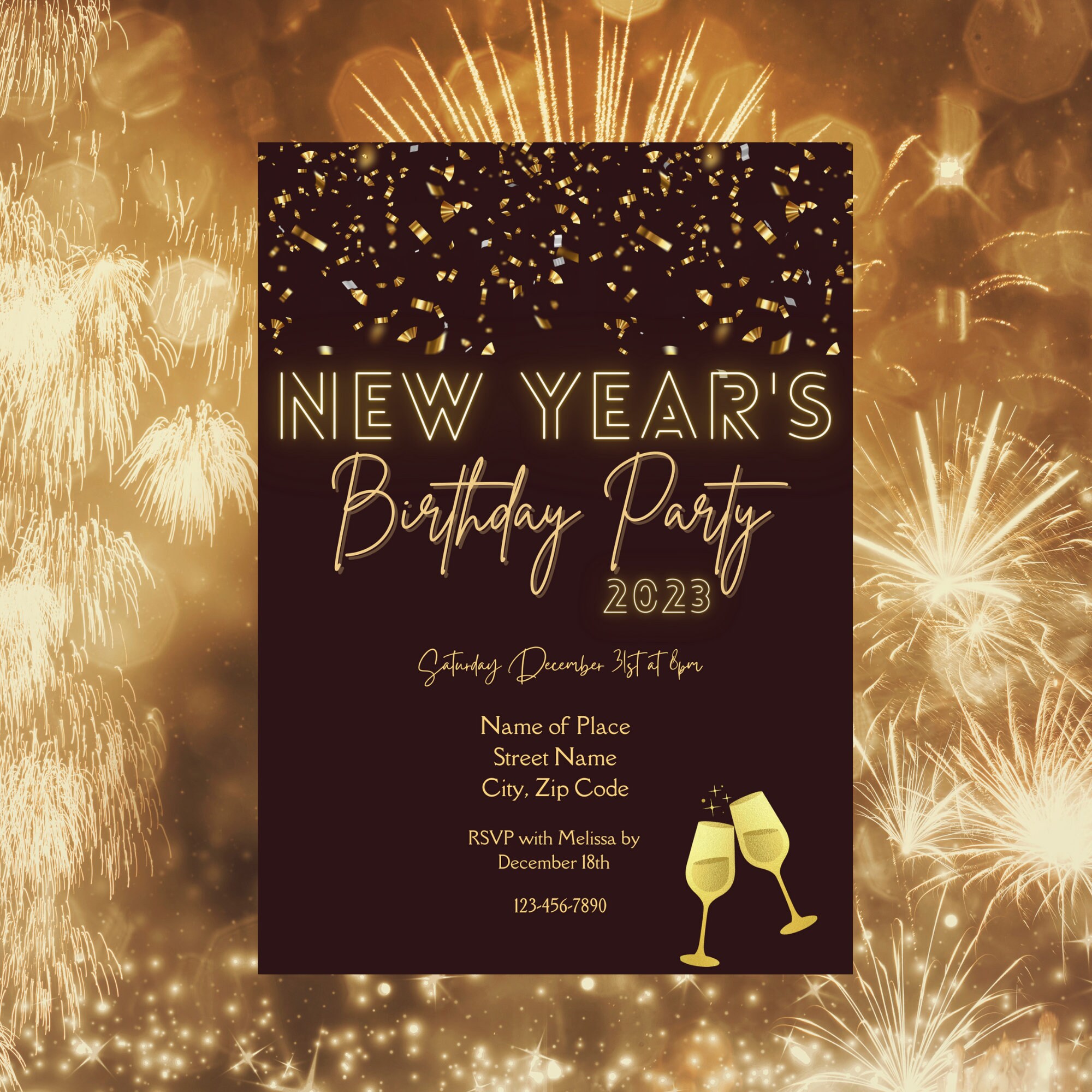 New Years Birthday Invitation Template New Year Birthday Party Invite ...