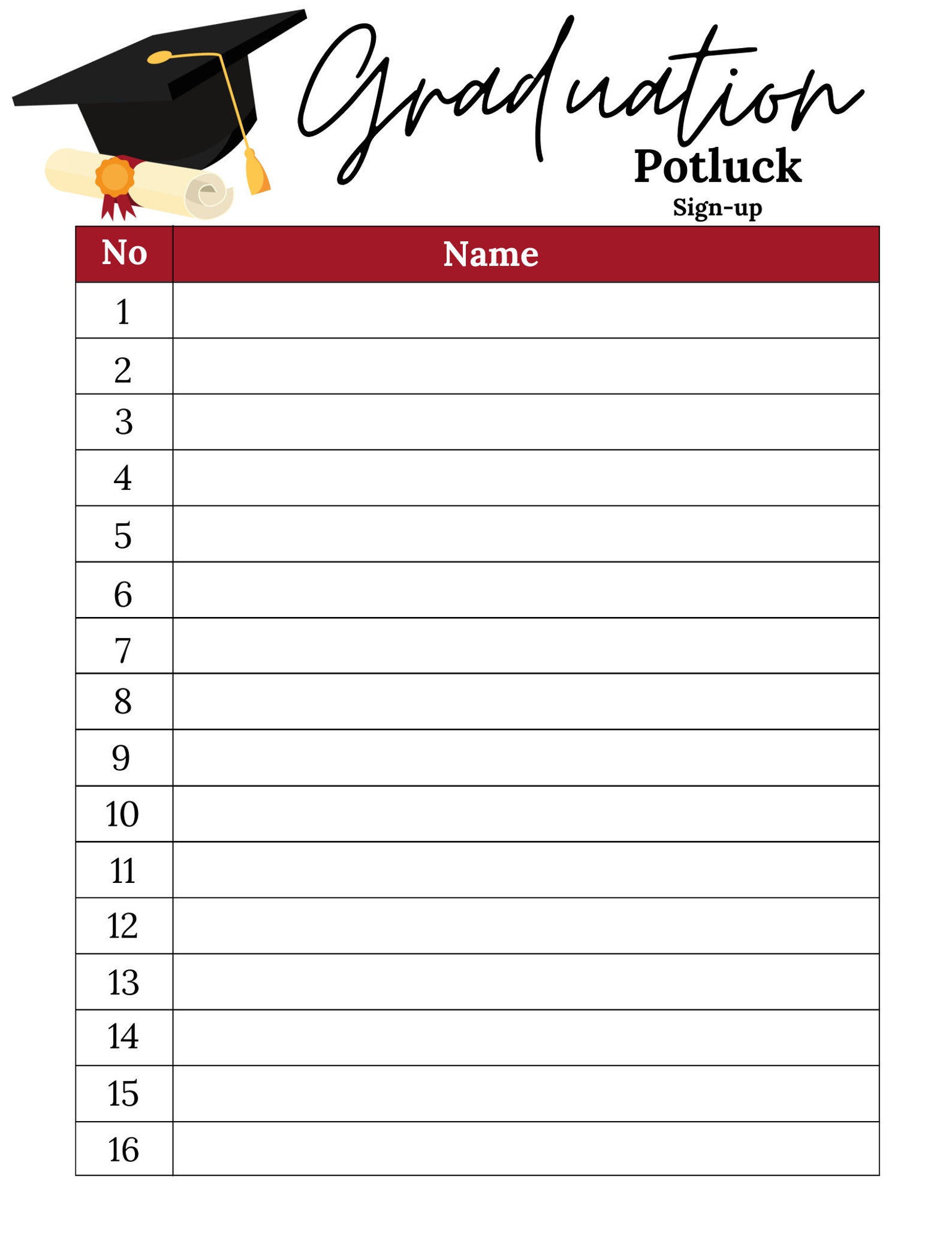 Potluck Sign up Sheet | Graduation Potluck Sign up Sheet | Grad Potluck ...
