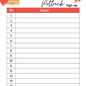 Potluck Sign up Sheet | School Fundraiser Potluck Sign up Sheet ...