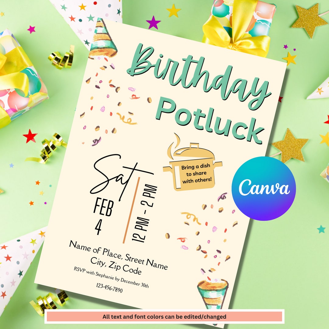 Birthday Potluck Invitation Template Birthday Party Potluck Invite Birthday Potluck Invitation ...
