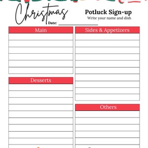 Potluck Sign up Sheet | Christmas Potluck Sign up Sheet | Christmas ...