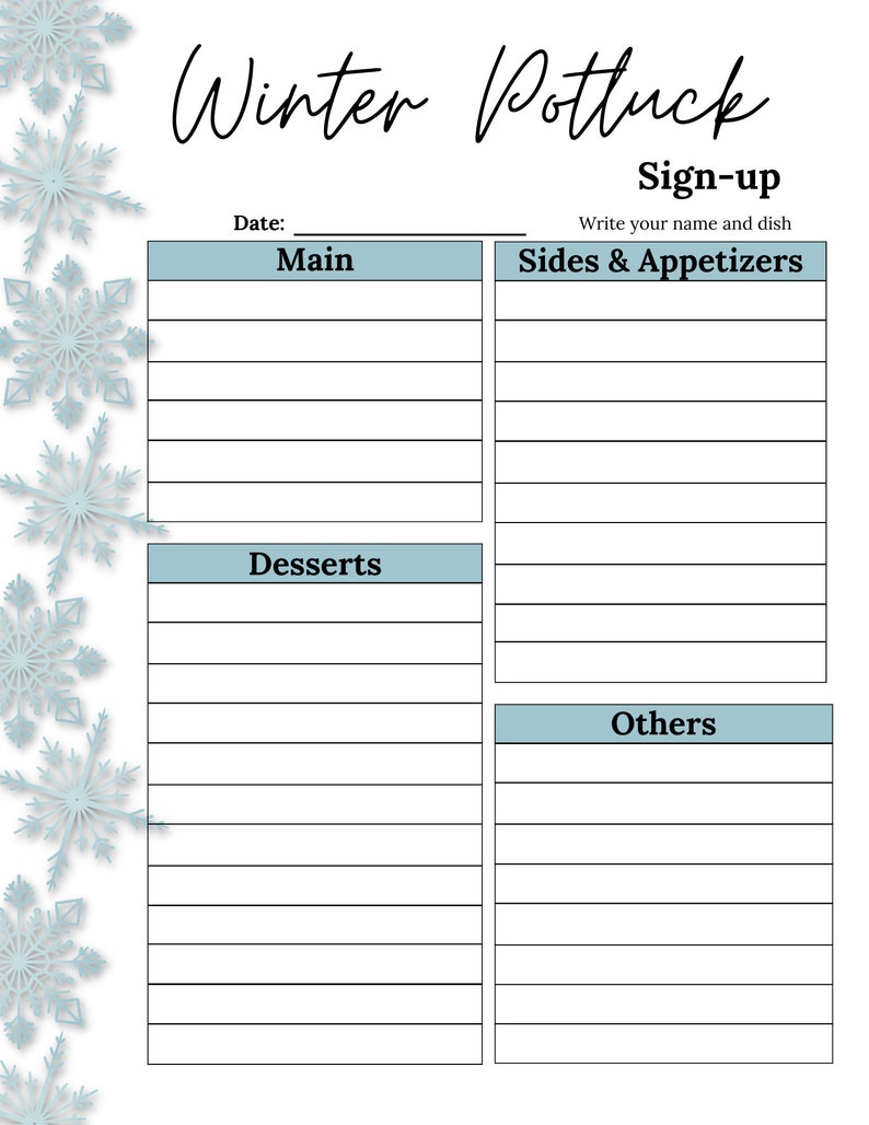 Potluck Sign up Sheet Winter Potluck Sign up Sheet Christmas Potluck ...