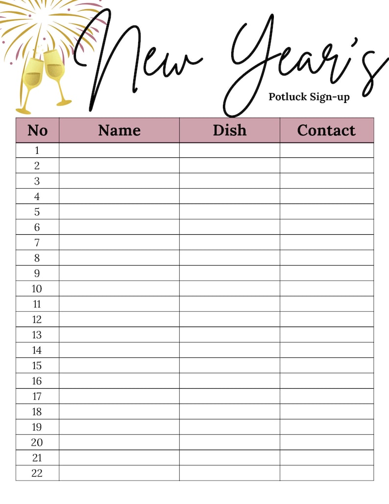 Potluck Sign up Sheet | New Years Potluck Sign up Sheet | New Years Eve ...