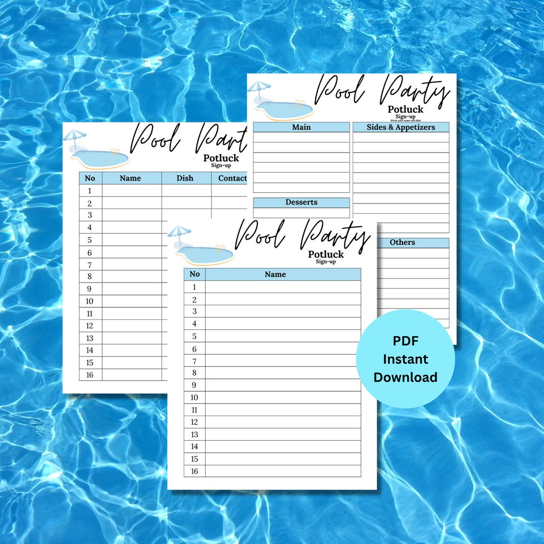 Potluck Sign up Sheet | Pool Party Potluck Sign up Sheet | Pool Potluck ...
