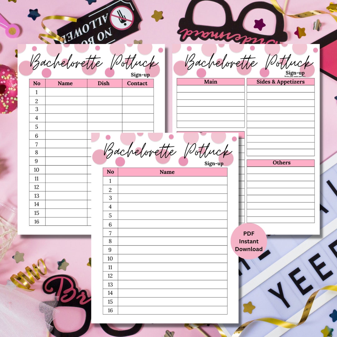 Potluck Sign up Sheet | Bachelorette Potluck Sign up Sheet ...